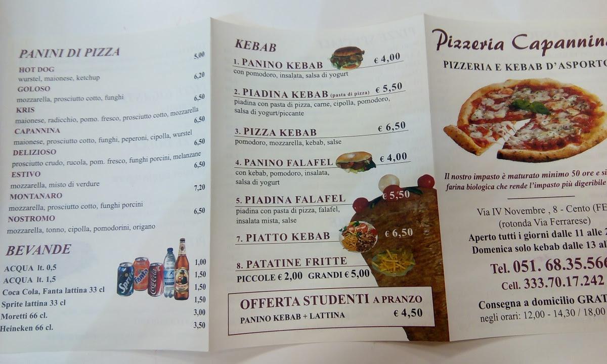 Menu da Capannina Pizza E Doner pizzeria, Cento, Via IV Novembre
