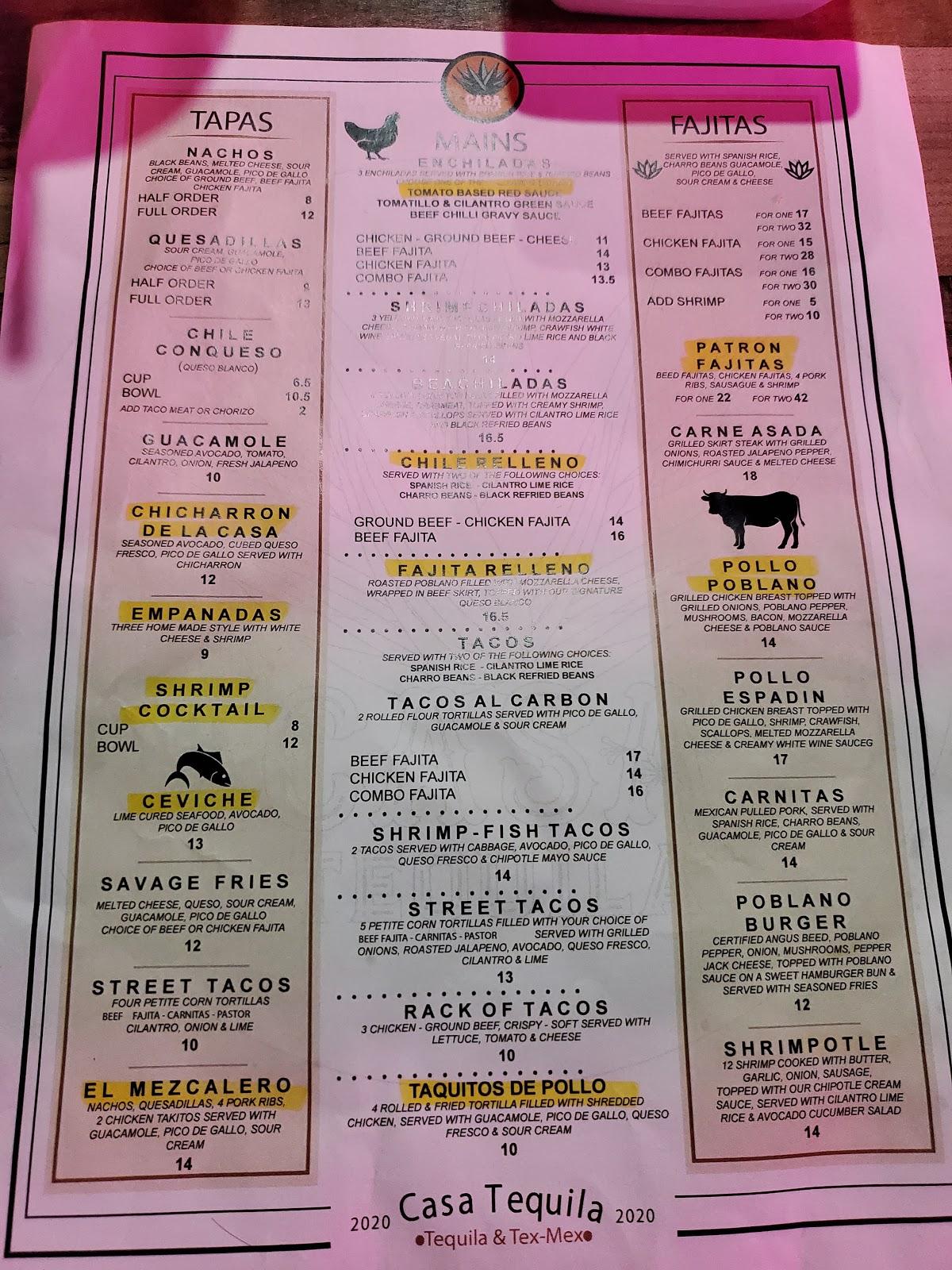 Menu at Casa Tequila pub & bar, Lake Jackson