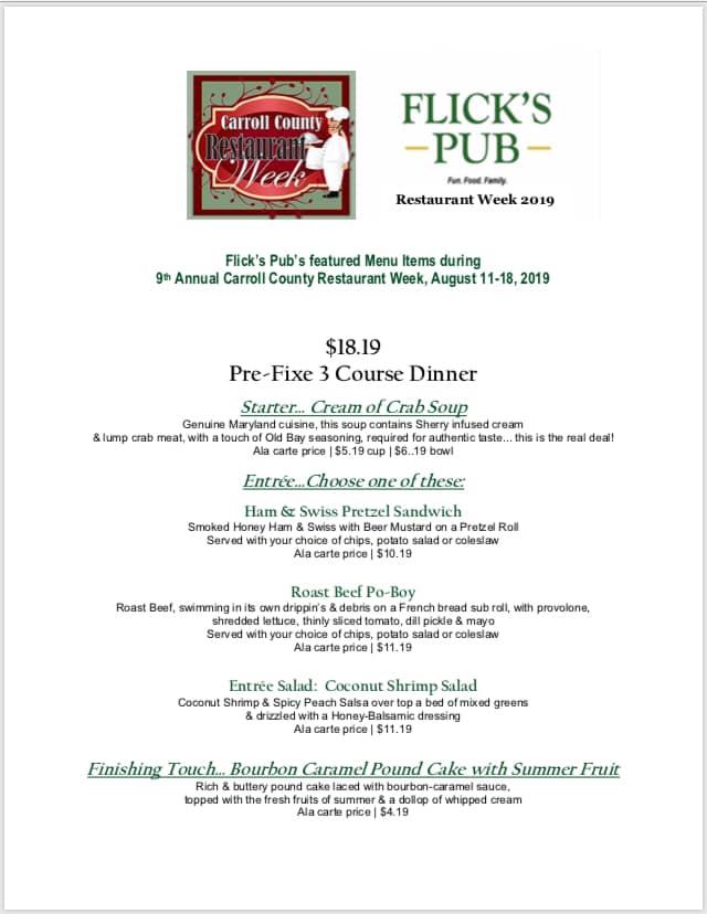 Menu at Flick's Pub and Restaurant, Taneytown