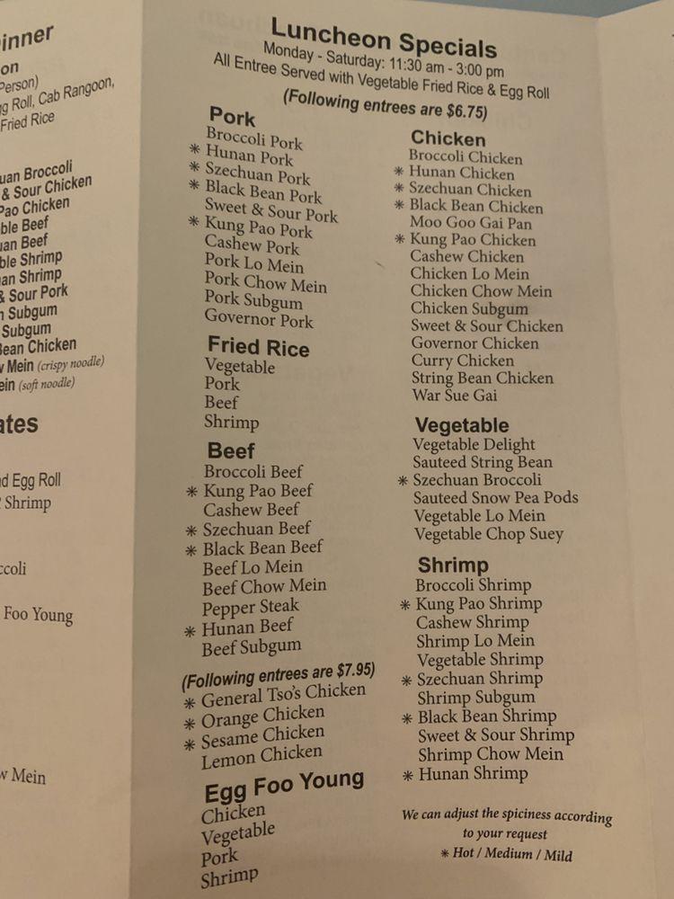 Menu at Hunan Chester restaurant, Chesterland