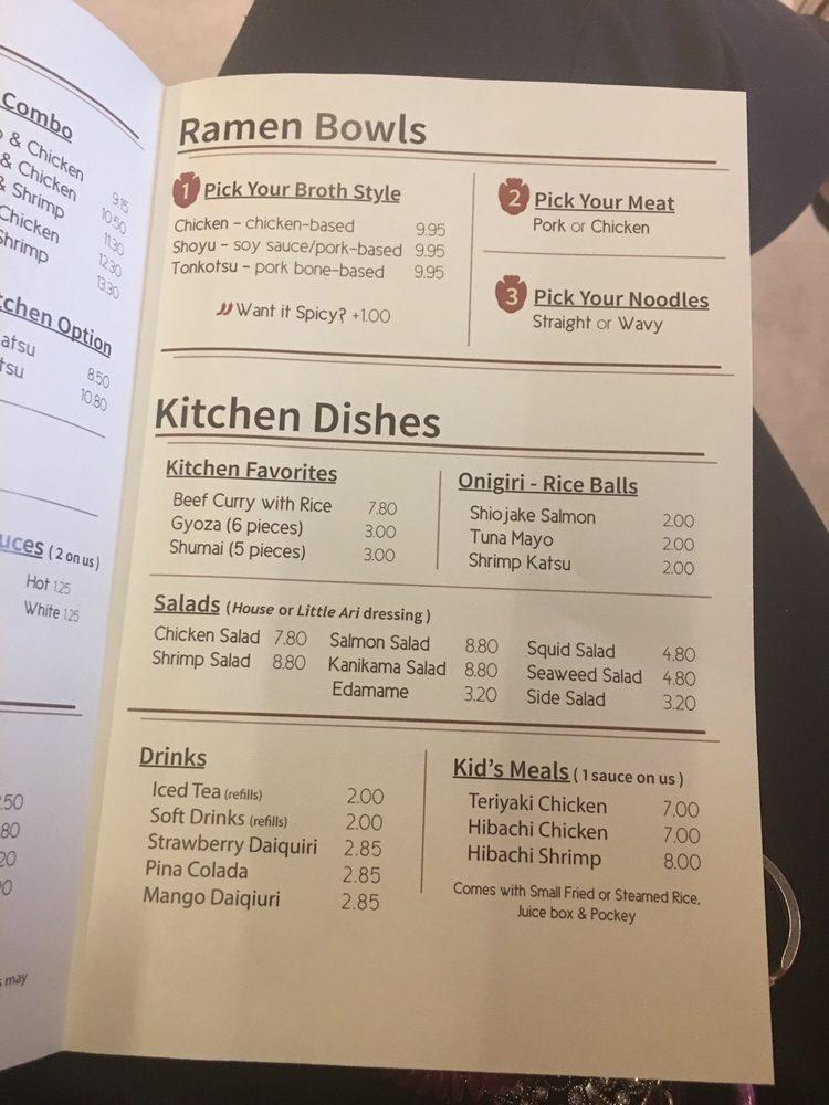 Menu at Little Ari's Japanese Kitchen restaurant, Greensboro