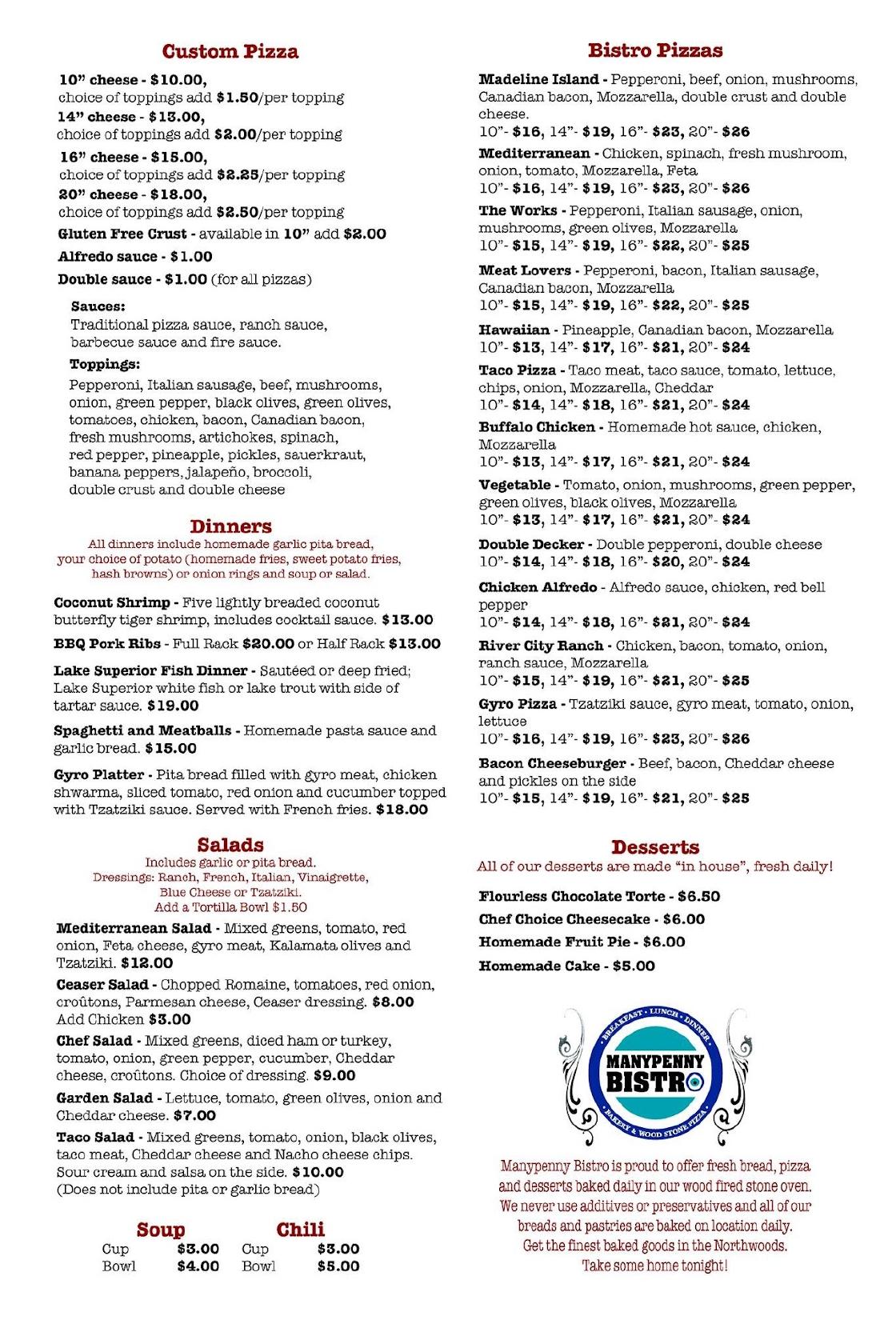 Menu at Manypenny Bistro pizzeria, Bayfield