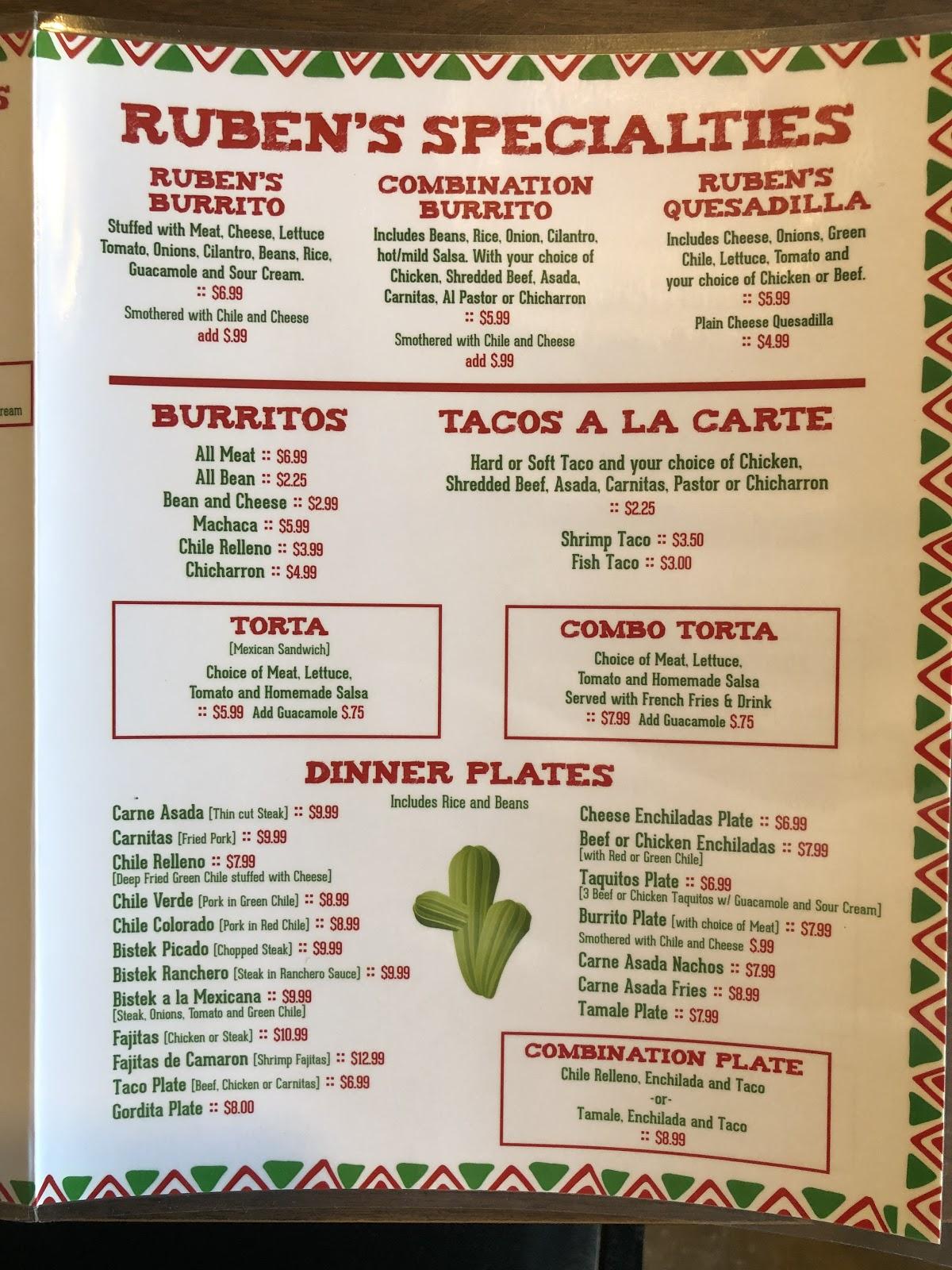 Menu at Ruben's Grill Mexican Restaurant, Albuquerque
