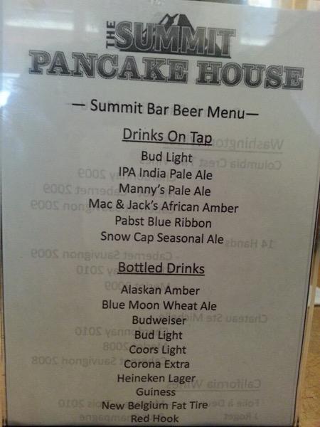 Menu at Summit Pancake House and Lounge restaurant, Snoqualmie Pass