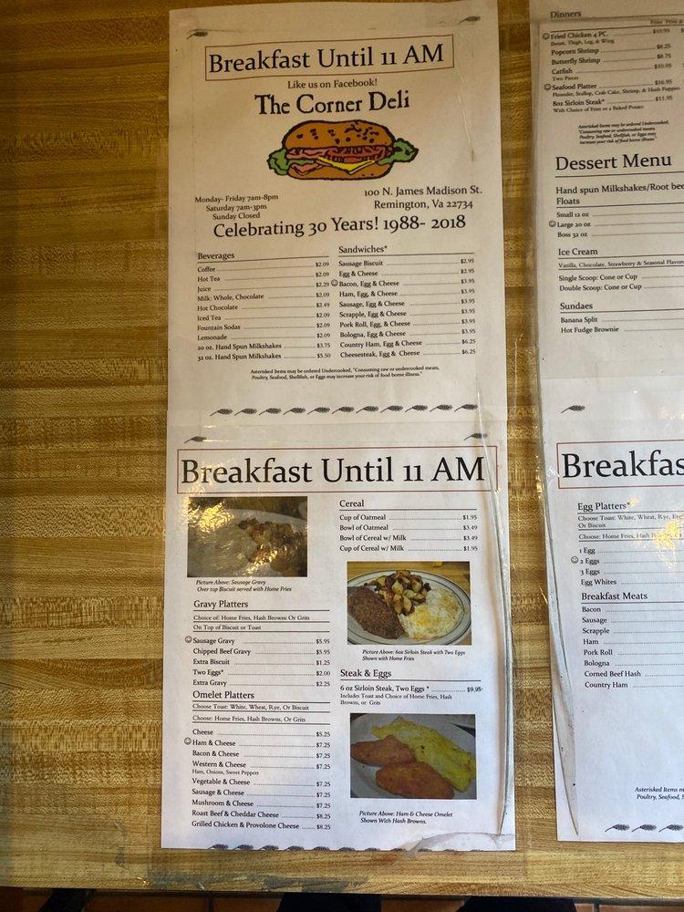 Menu at The Corner Deli restaurant, Remington