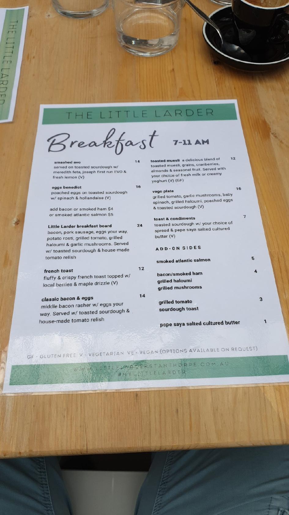 Menu at The Little Larder cafe, Stanthorpe