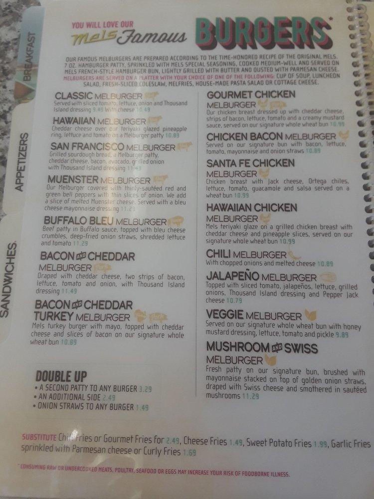 Menu at The Original Mels Diner restaurant, Pinole