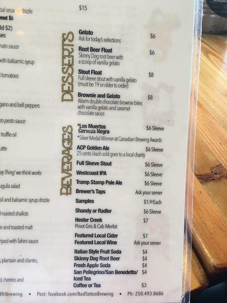 Menu at Bad Tattoo Brewing pizzeria, Penticton