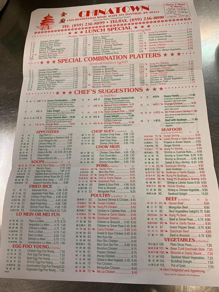 Menu at Chinatown Gourmet restaurant, Danville