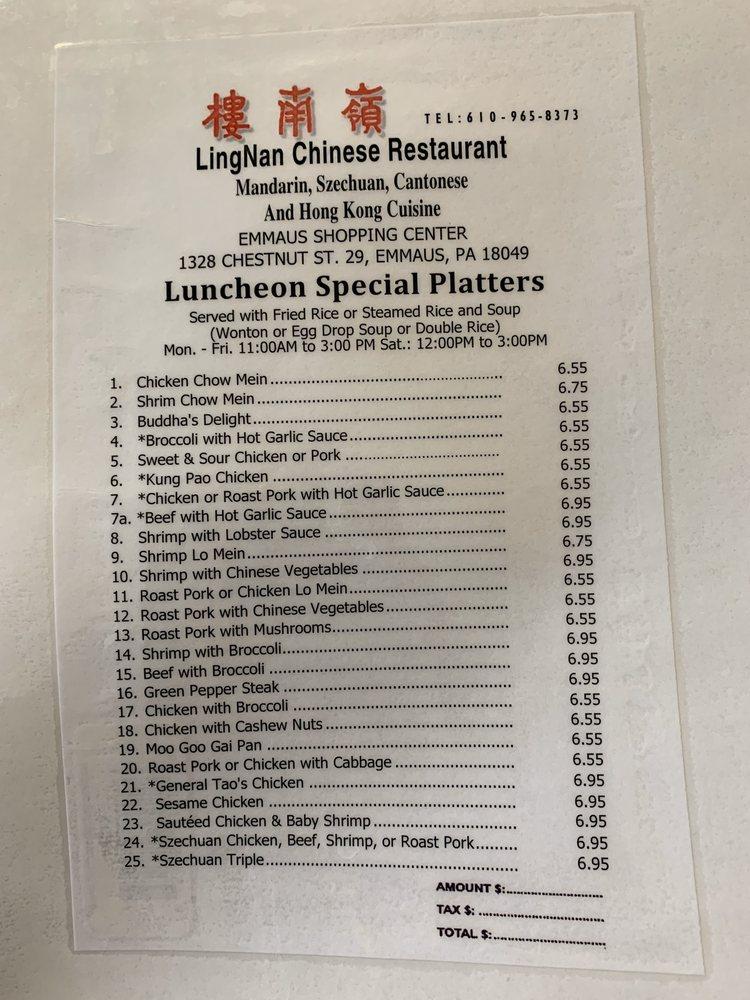 Menu at Lingnan restaurant, Emmaus
