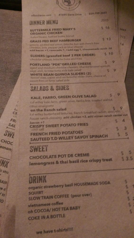 Menu at Ol Buckaroo restaurant, Three Rivers