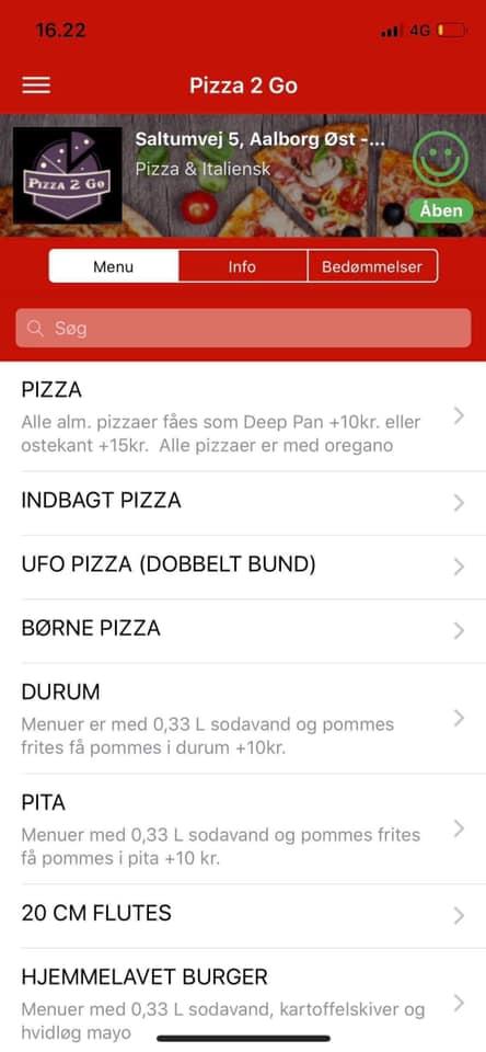 Menu at Pizza 2 Go restaurant, Aalborg