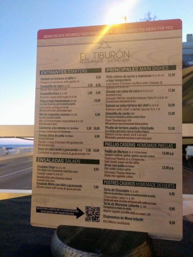 Carta de Restaurante El Tiburón, Torrevieja