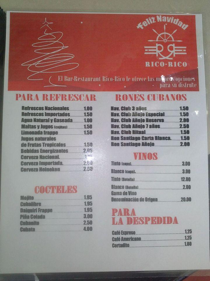 Menu at Rico Cafe, Havana