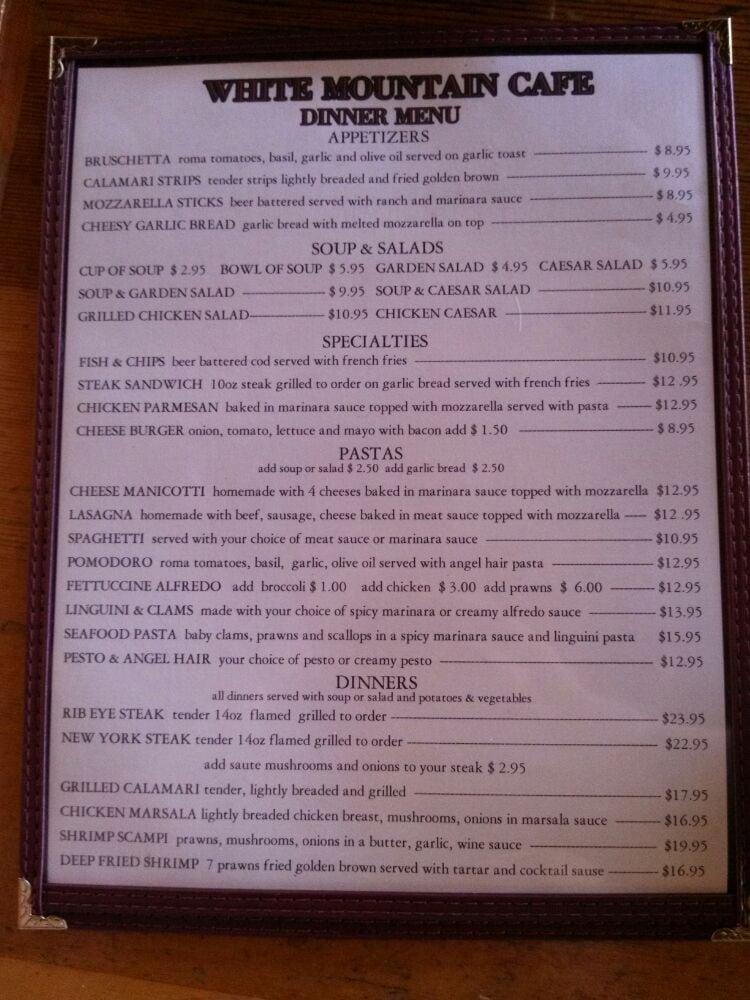 Menu at White Mountain Café cafe, McCloud