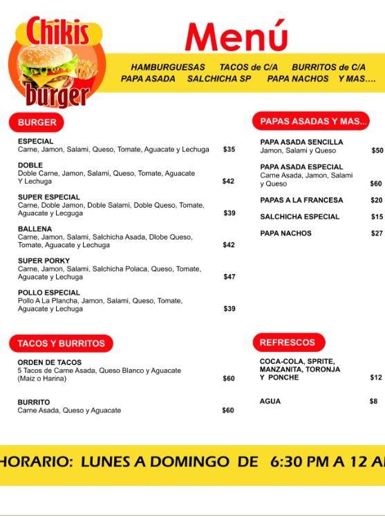 Carta del restaurante Chikis Burguer, Monterrey