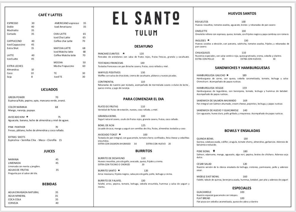 Carta del restaurante El Santo Tulum, Tulum