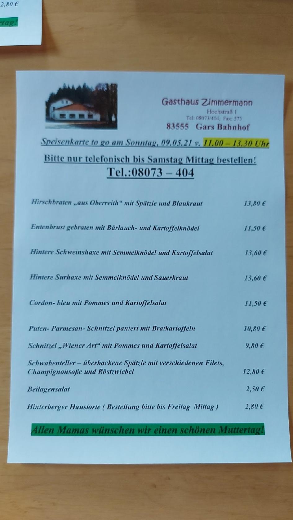Speisekarte von Gasthaus Zimmermann restaurant, Gars am Inn
