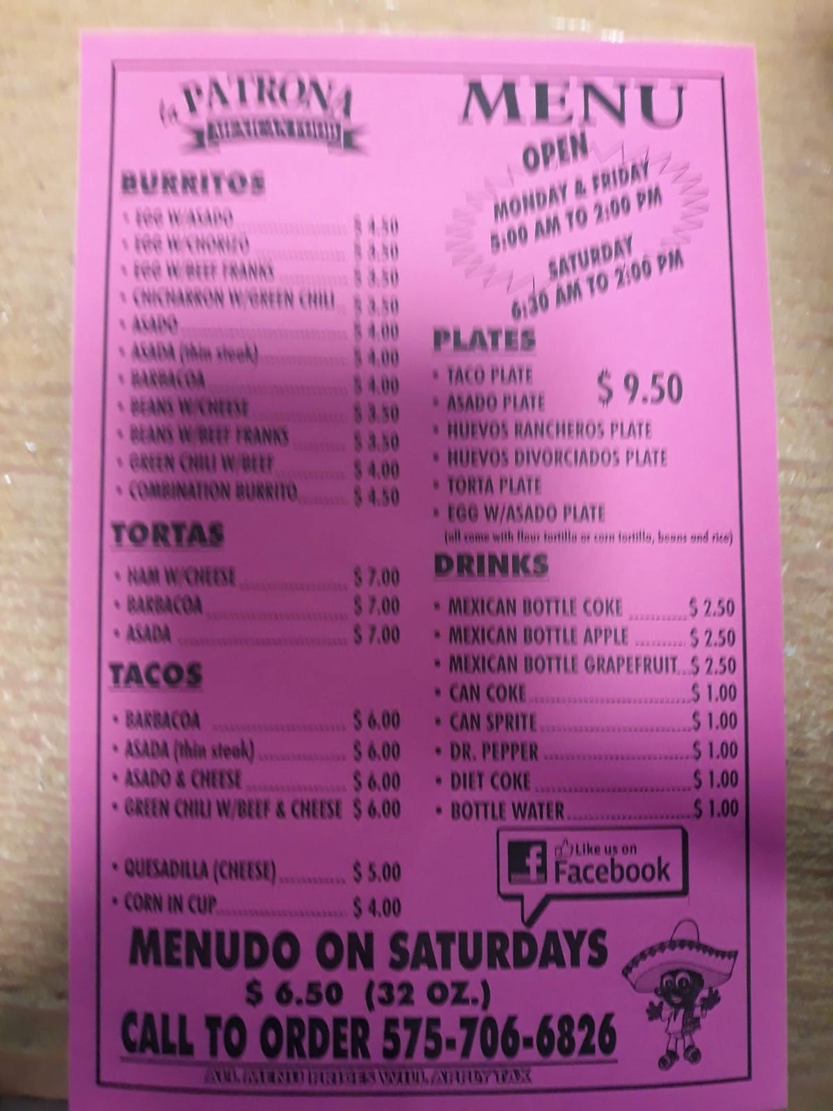 Menu at La Patrona restaurant, Carlsbad