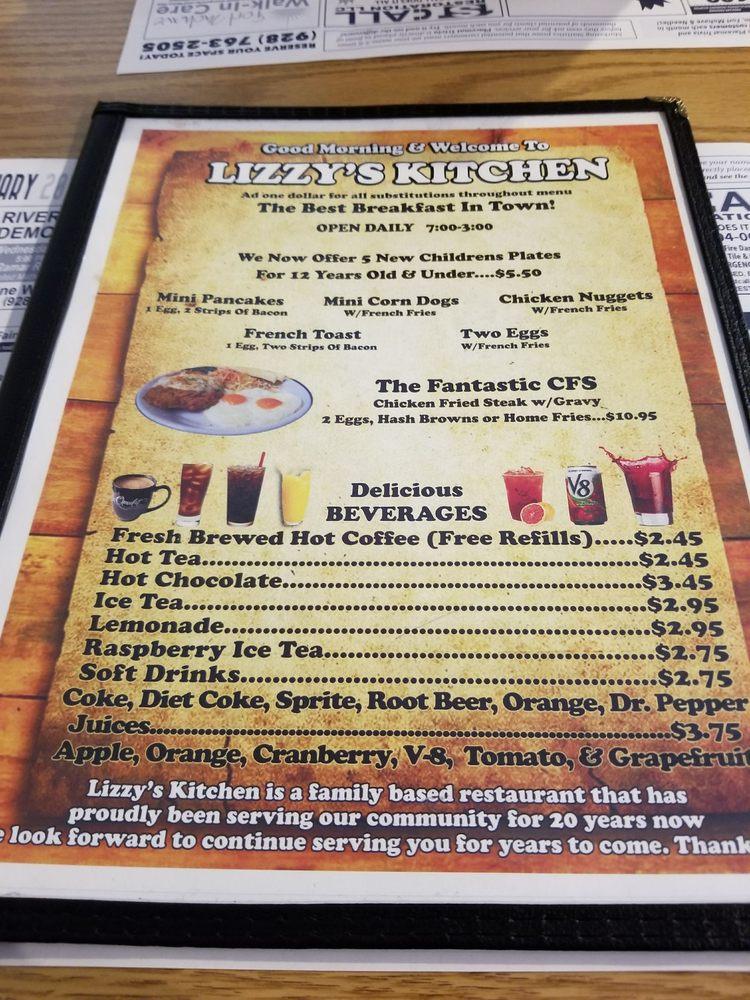 Menu at Lizzy's Kitchen restaurant, Bullhead City, AZ-95