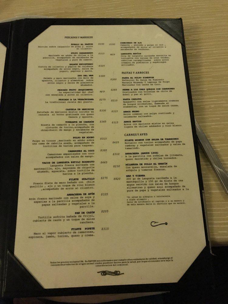 Menu at Navíos restaurant, Cancún