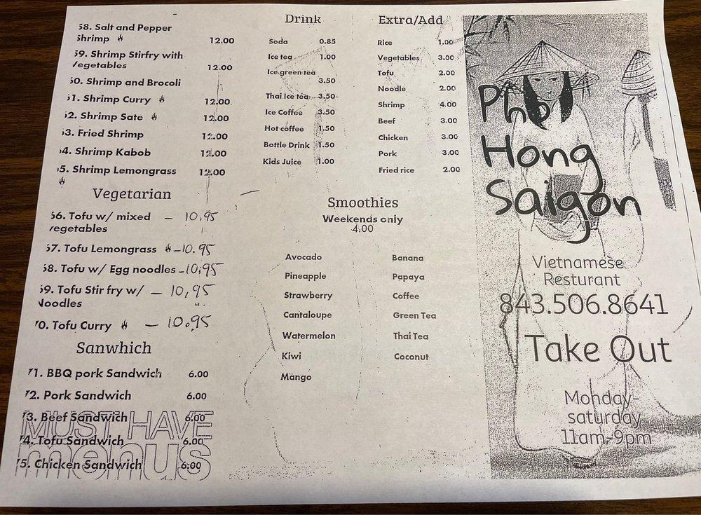 Menu at Pho Hong Saigon restaurant, Dillon