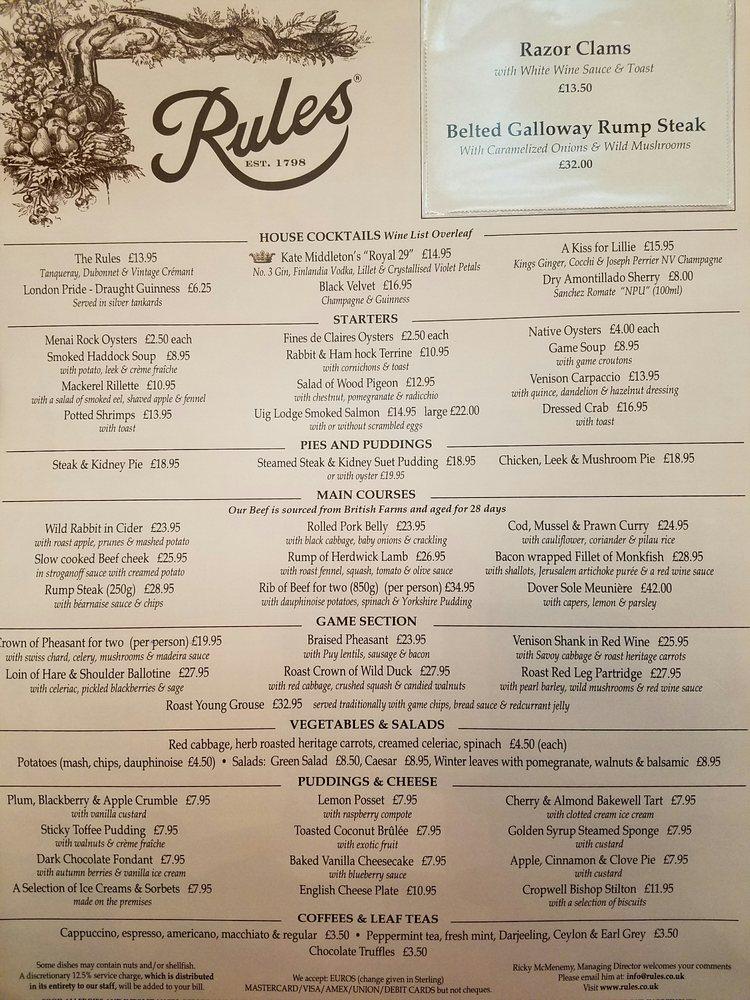 Menu at Rules pub & bar, London