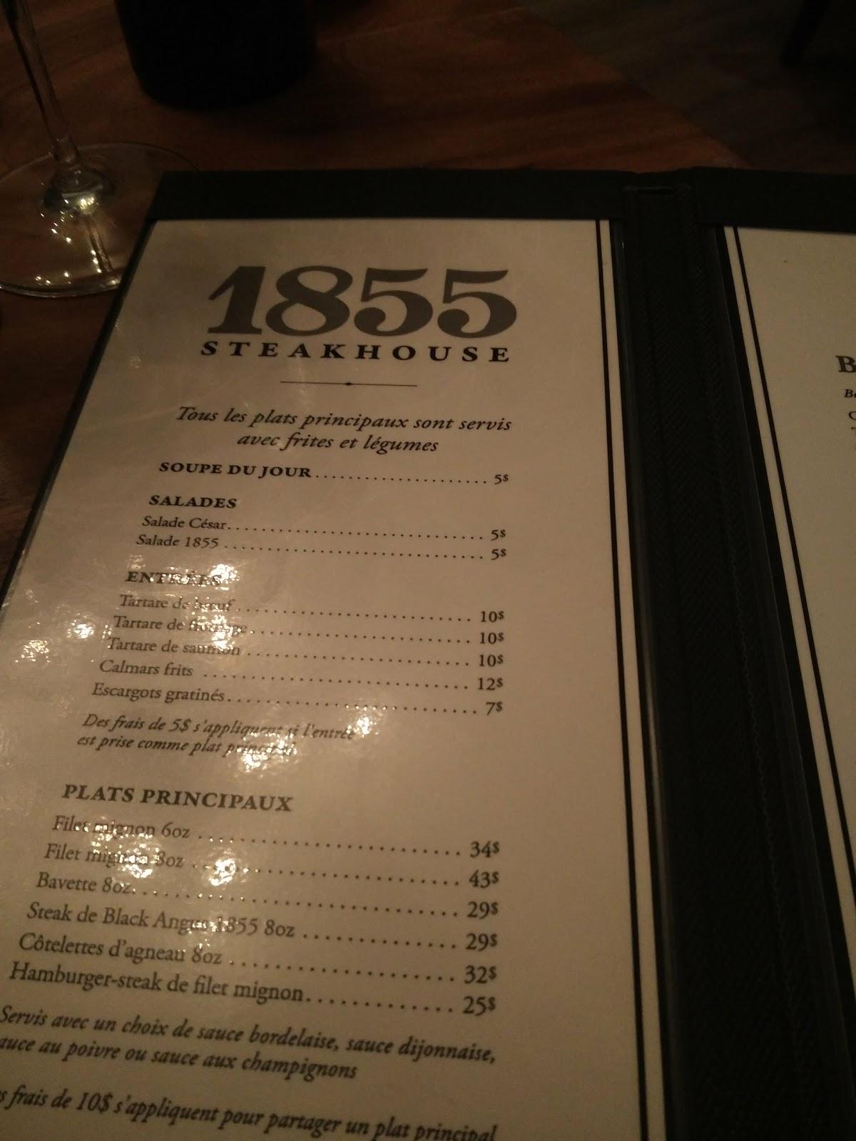 Menu au 1855 Steakhouse, Longueuil