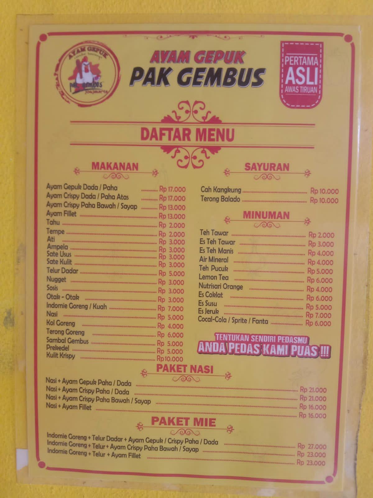Carta del restaurante Ayam Gepuk Pak Gembus 1 Karawang, Karawang