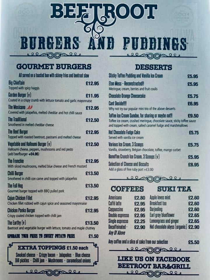 Carta de Beetroot Bar & Grill, Bonnyrigg