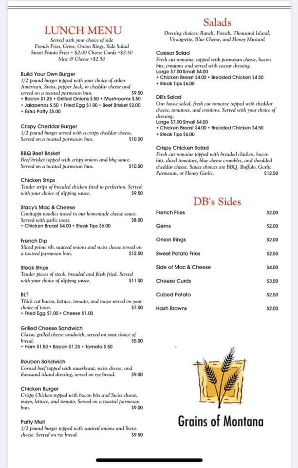 Menu at DB's Bar and Casino, Glasgow