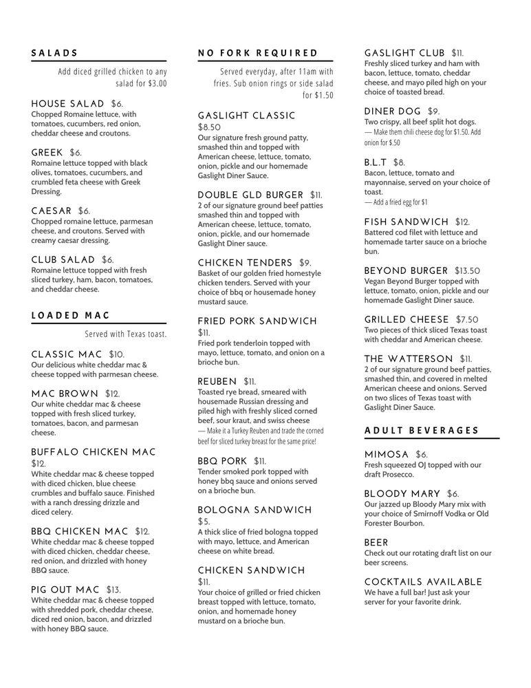 Menu at Gaslight Diner restaurant, Jeffersontown, Watterson Trail