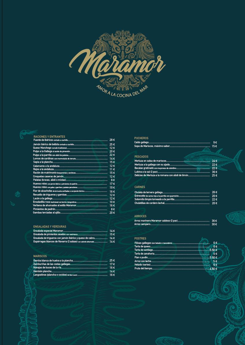 Carta del restaurante Maramor, Madrid