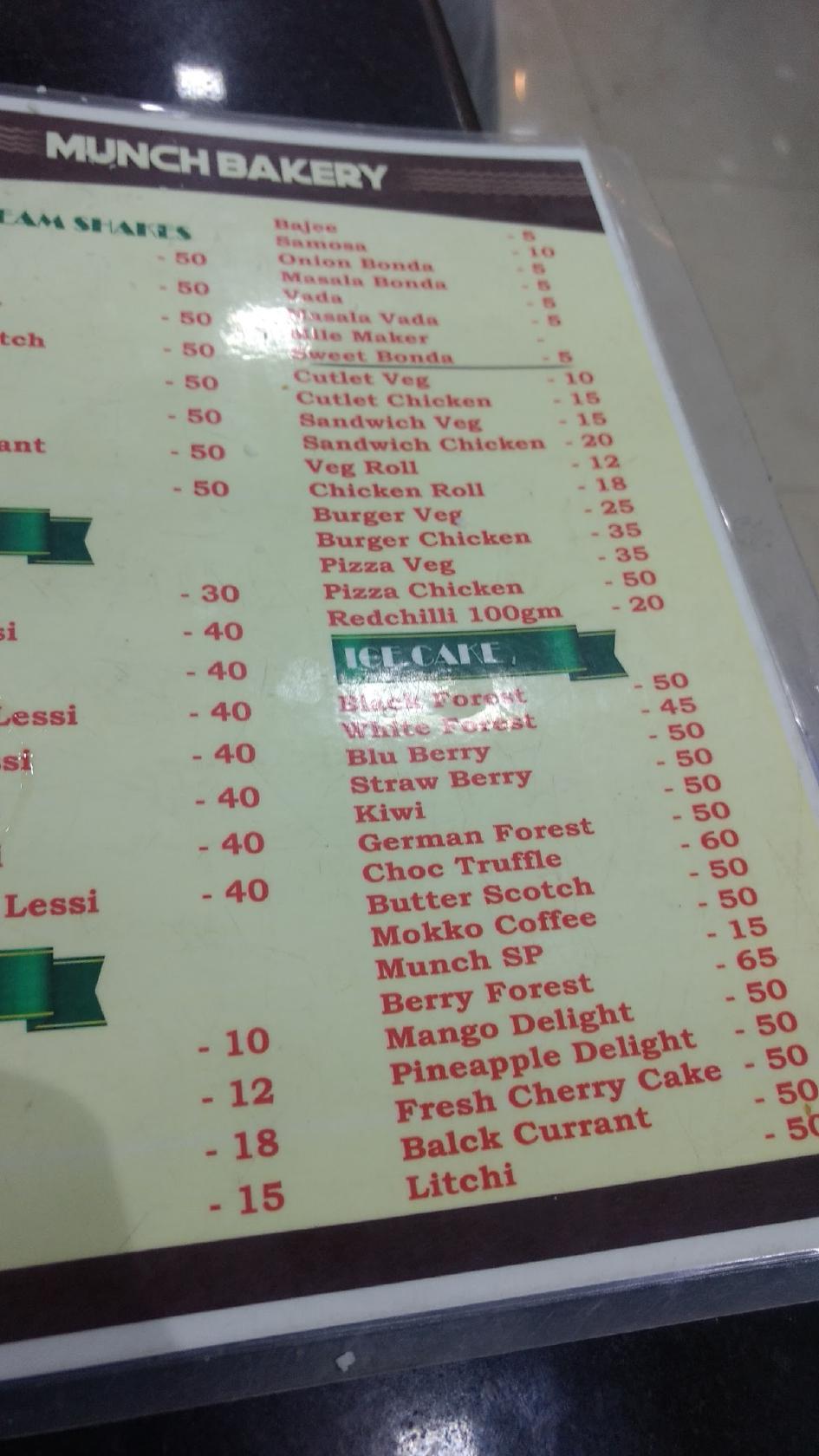 Menu at Munch Bakery, Manapparai