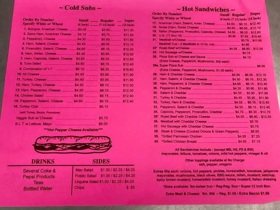 Menu at Sal Mari's Sub Shop, East Liverpool