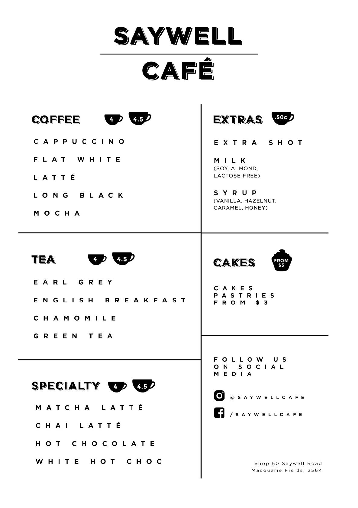 Menu at Saywell Cafe, Macquarie Fields