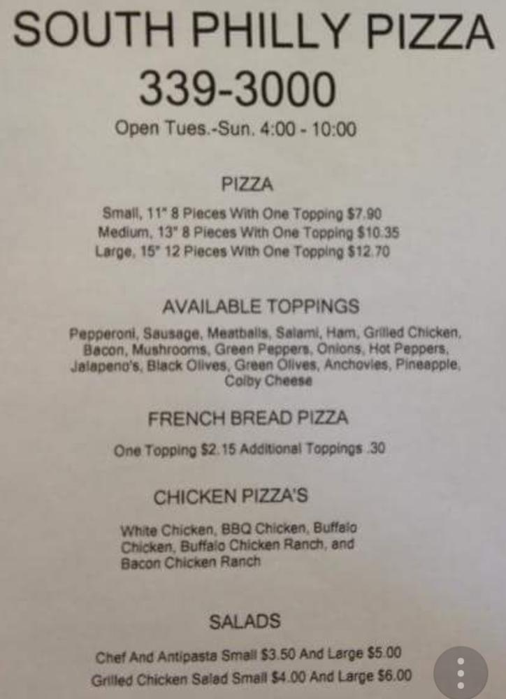 Menu at South Philly Pizza pizzeria, New Philadelphia