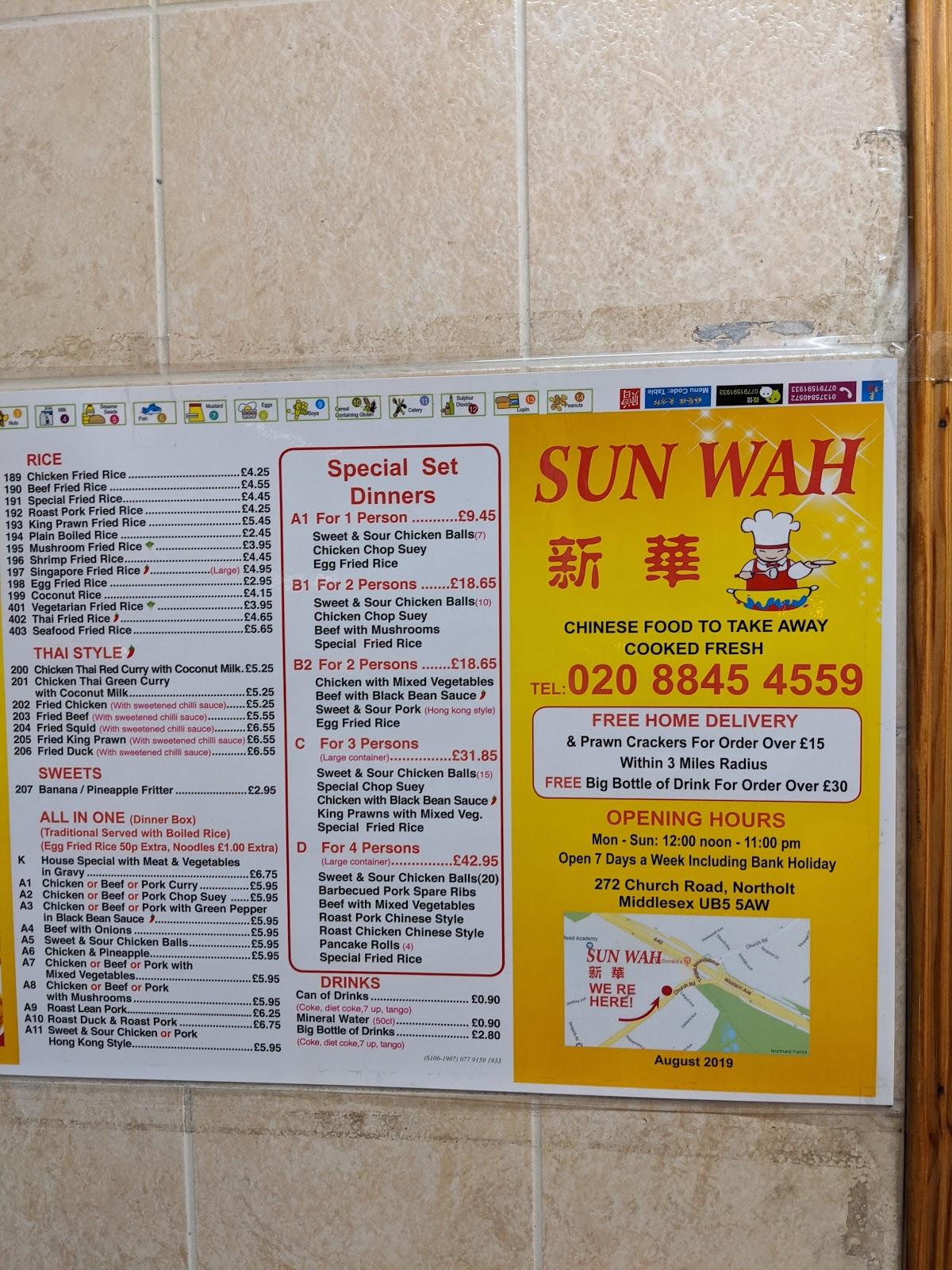 Menu at Sun Wah fast food, Northolt, 272 Church Rd