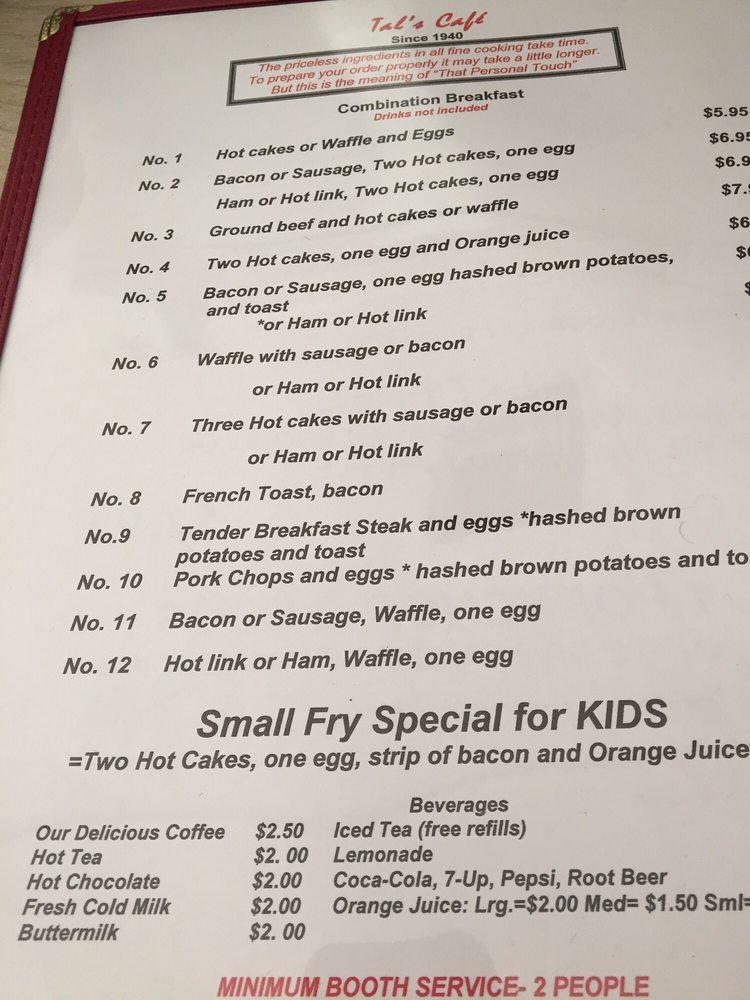 Menu at Tal's Cafe, Los Angeles