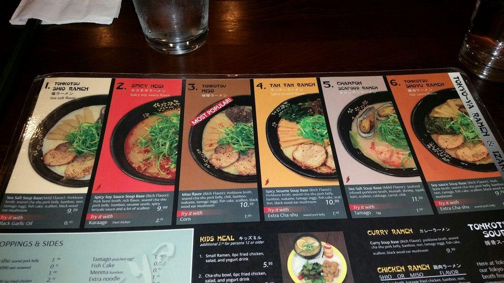 Menu at Tokyo-ya Ramen restaurant, Federal Way