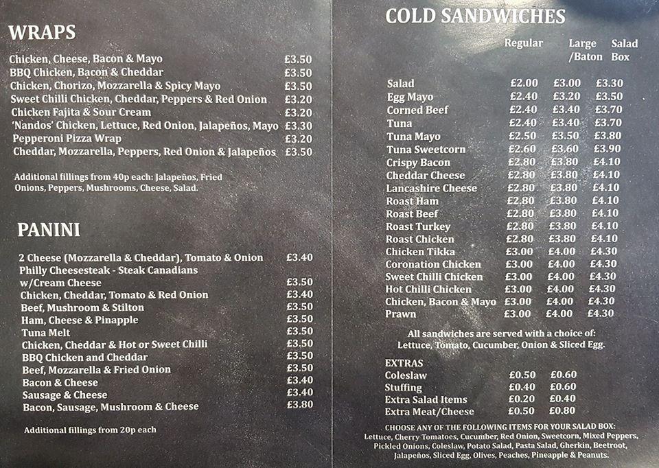 Menu at Wudz Sandwich Bar, Fleetwood