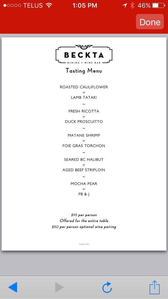 Menu at Beckta Dining & Wine pub & bar, Ottawa