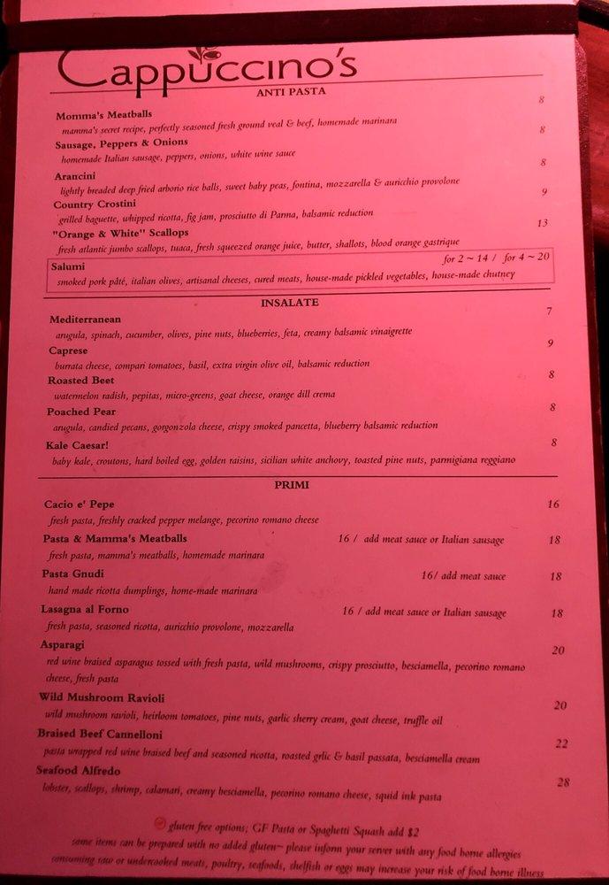 Menu at Cappuccino's restaurant, Knoxville