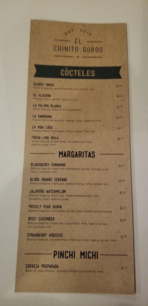 Menu at El Chinito Gordo restaurant, Tucson