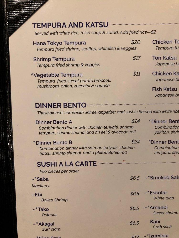 Menu at Hana Tokyo restaurant, Tucson