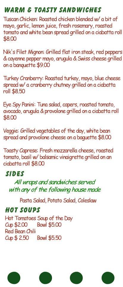 Menu at Hot Tomatoes cafe, Durango
