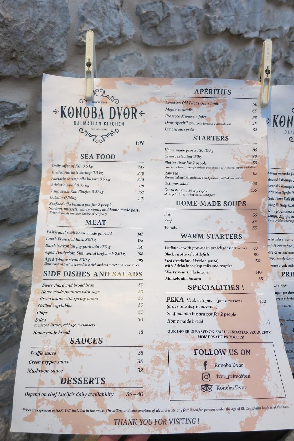 Menu at Konoba Dvor restaurant, Primošten