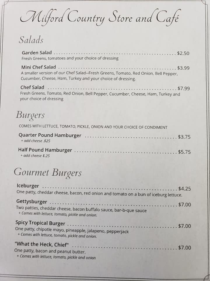Menu at Milford Country Store cafe, Milford