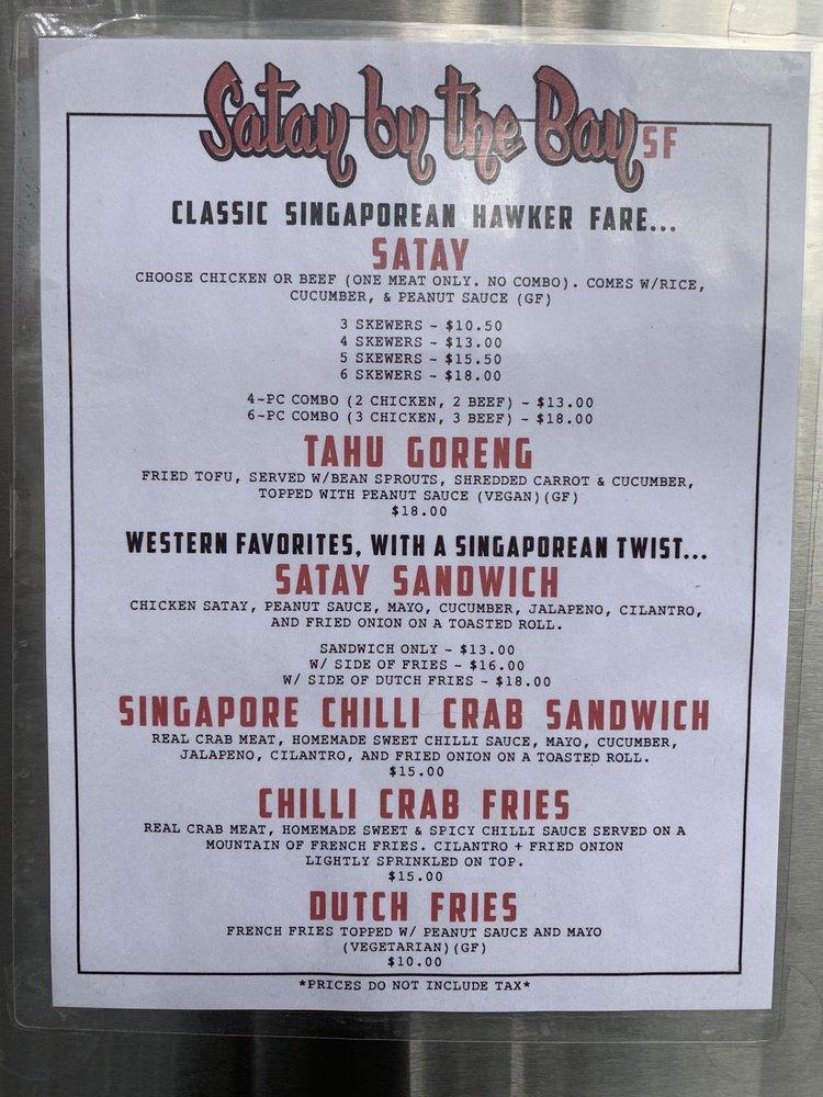 Menu at Satay By The Bay SF, Pacifica