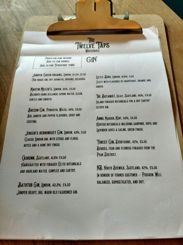 Menu at The Twelve Taps pub & bar, Whitstable